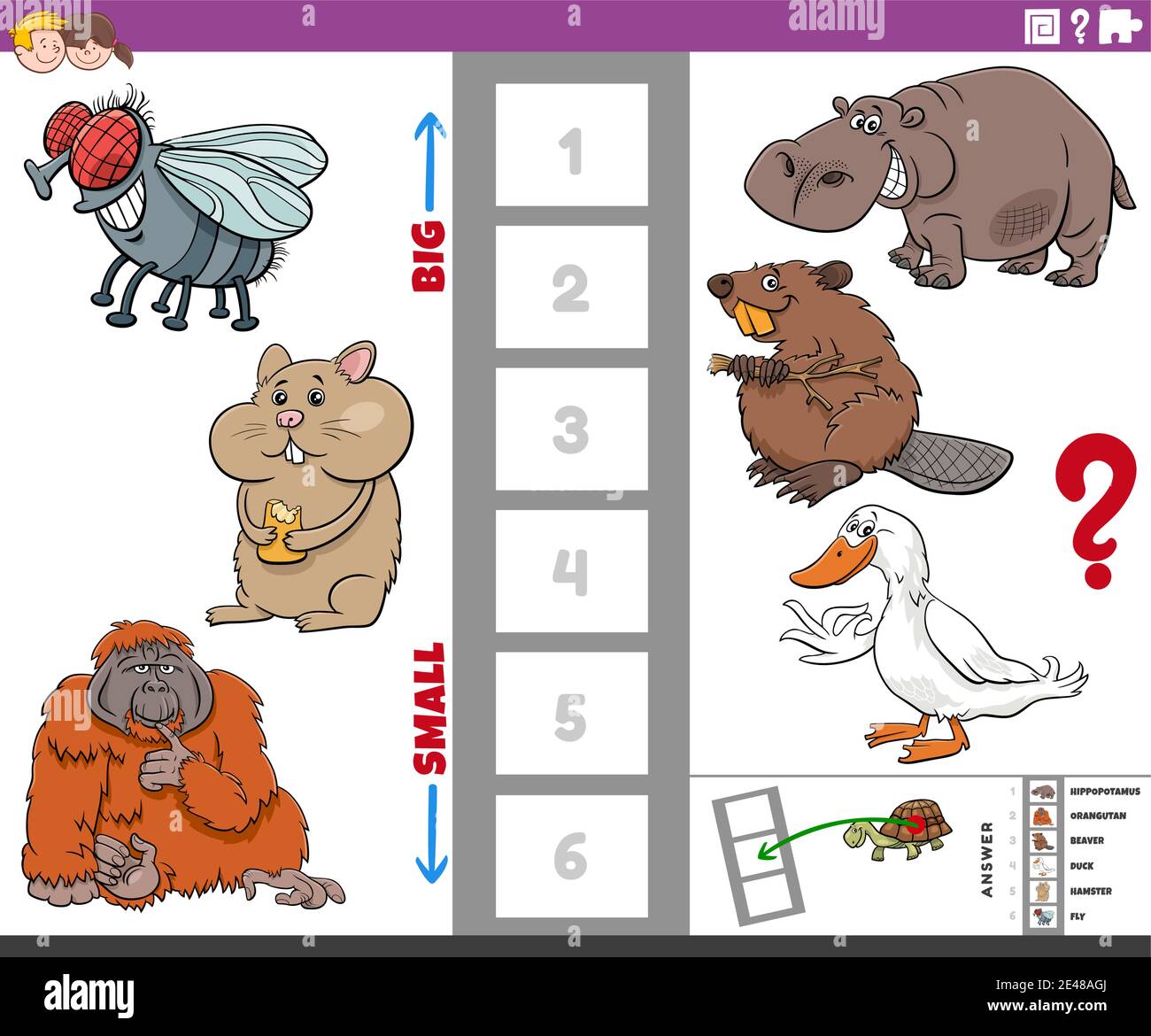 Cartoon illustration of educational task of finding the biggest and the ...