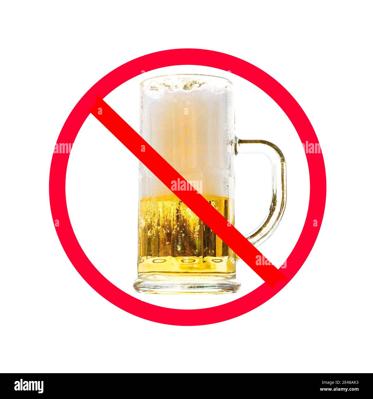 The red circle with slash on glass of beer isolated on white background ...