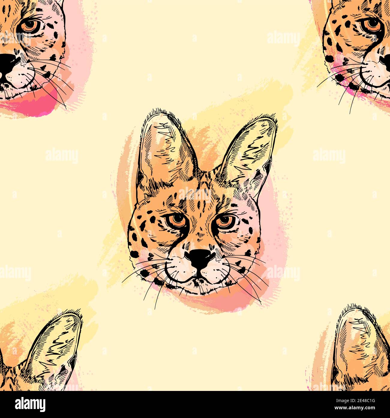 Seamless pattern of hand drawn sketch style isolated servals. Vector ...