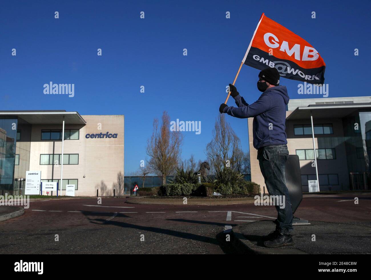A British Gas worker outside the headquarters of Centrica in Windsor ...