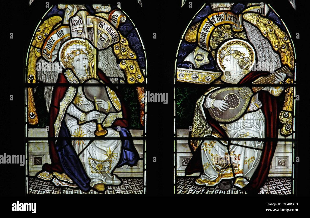 A stained glass window by C E Kempe & Co. of 1885 depicting musical ...