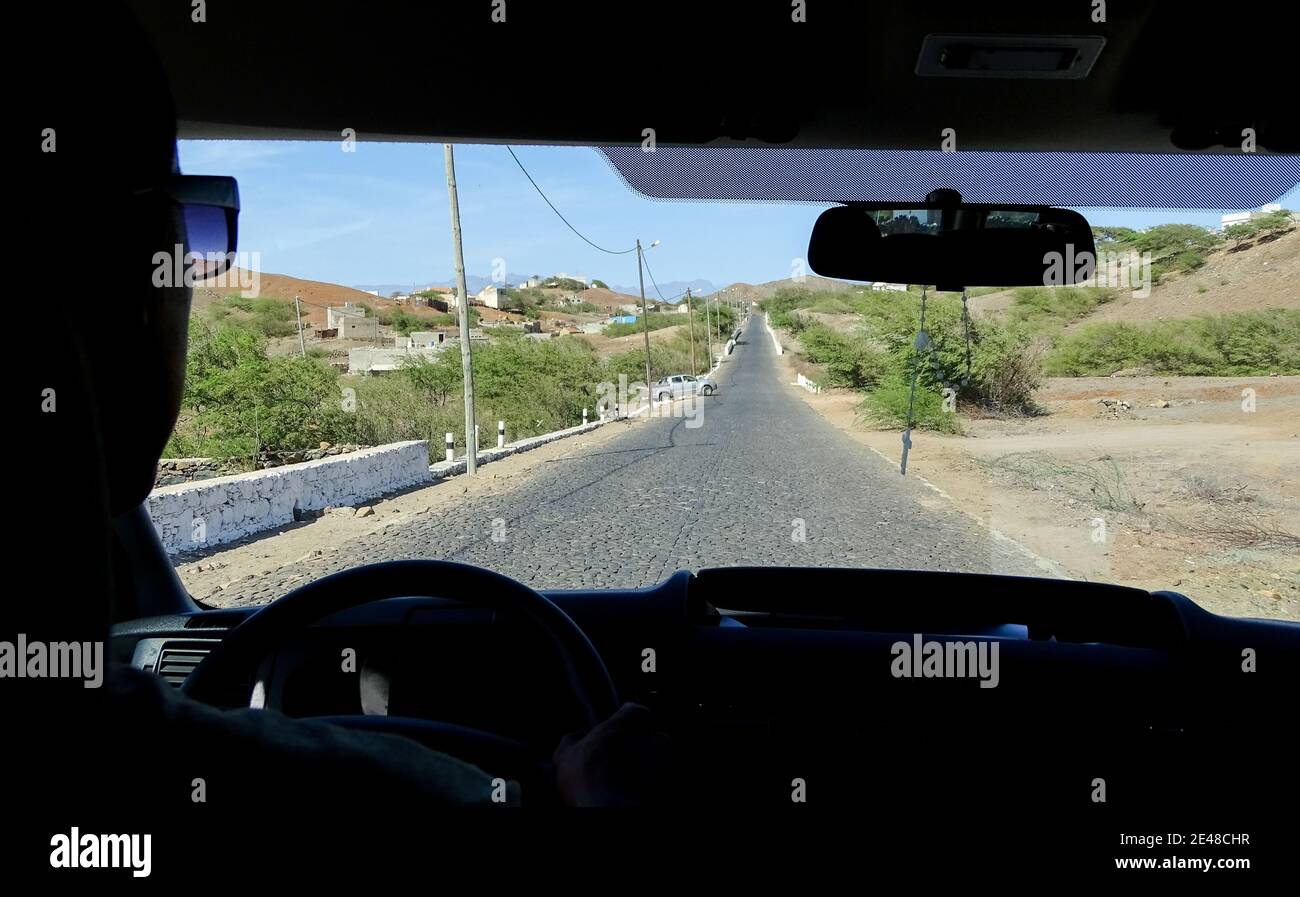 View of car, driving at Cape Verde islands,Sao Vicente, silhouette ...