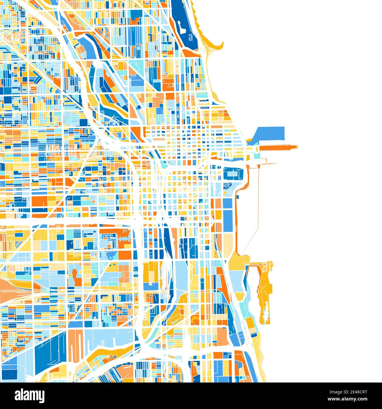 Color art map of Chicago, Illinois, UnitedStates in blues and oranges ...