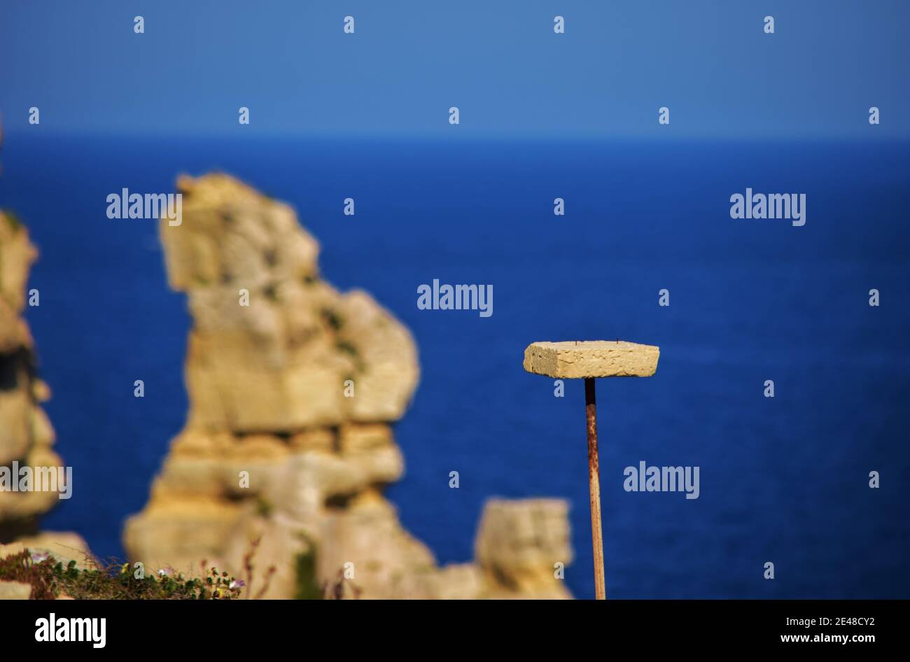 Selective shot of a perch for trapping songbirds, with Tal-Mara rock ...