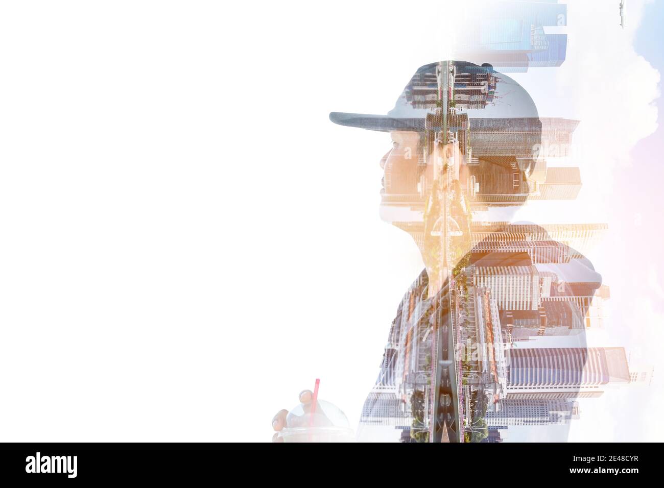 Double exposure of Asian man on skyscrapers and reflections of the city ...