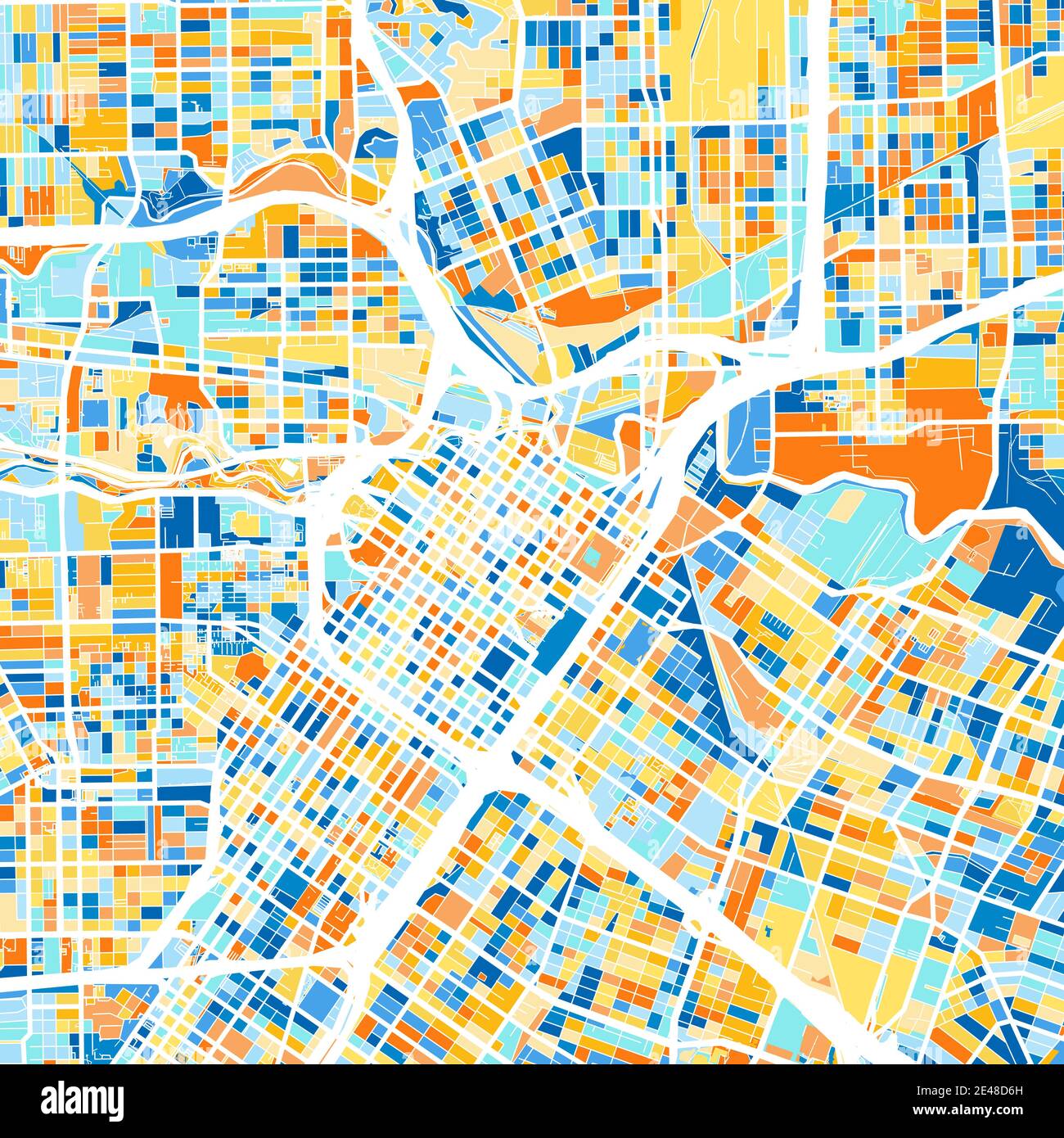 Color art map of Houston, Texas, UnitedStates in blues and oranges. The ...