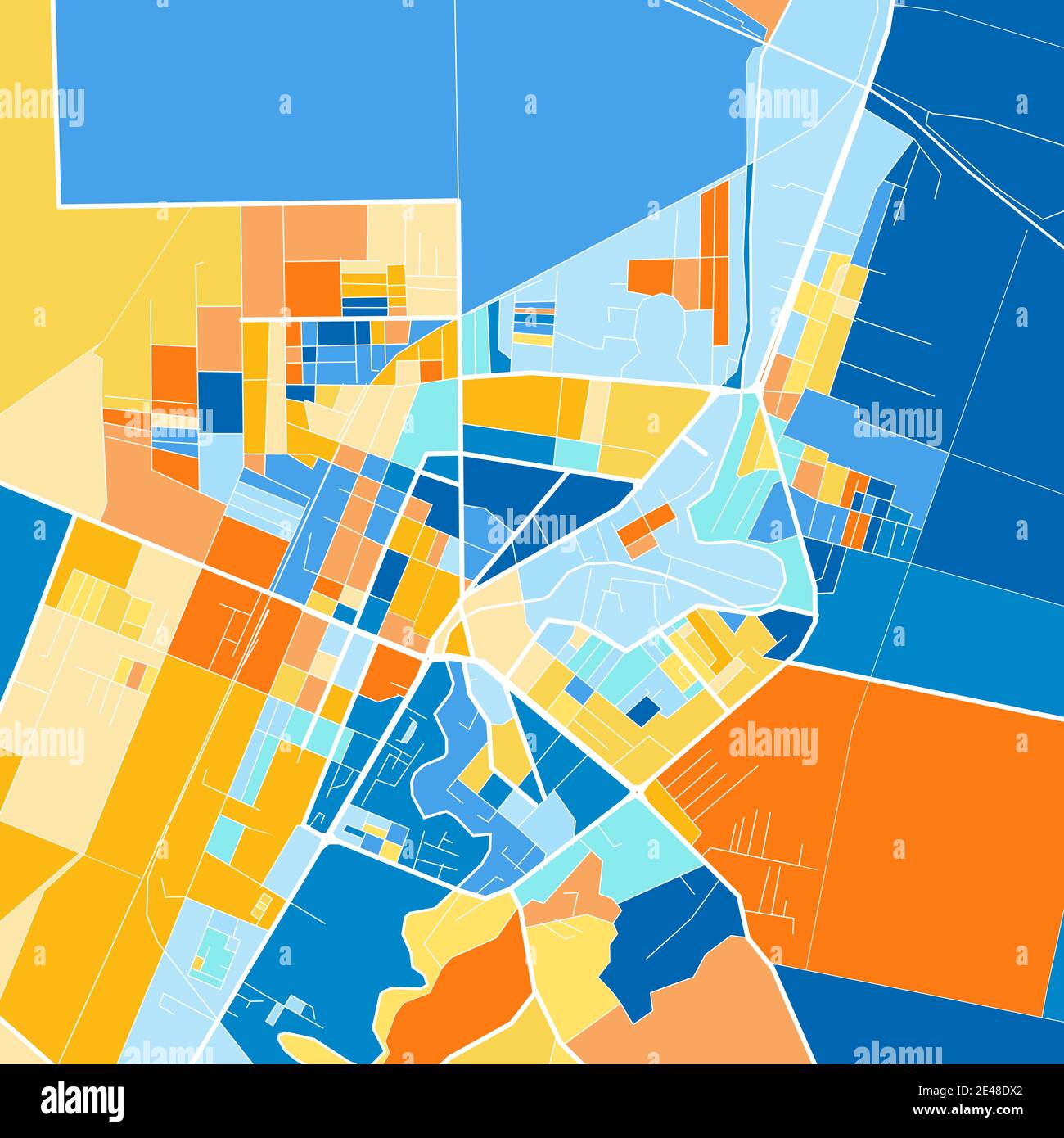 Color art map of Fier, Albania iin blues and oranges. The color ...