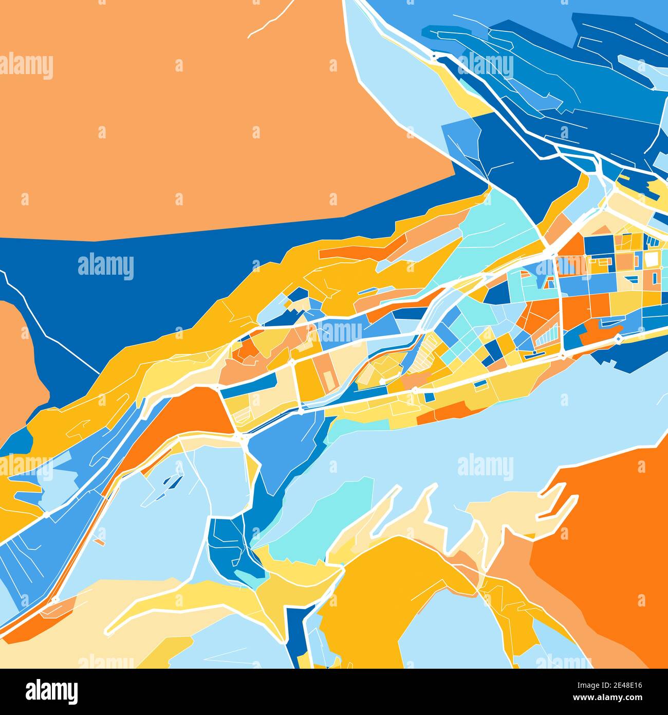 Color art map of AndorralaVella, Andorra iin blues and oranges. The ...