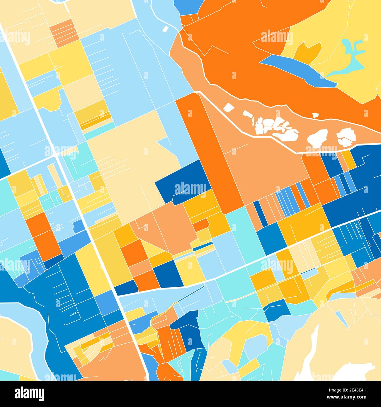 Color art map of Kamez, Albania iin blues and oranges. The color ...
