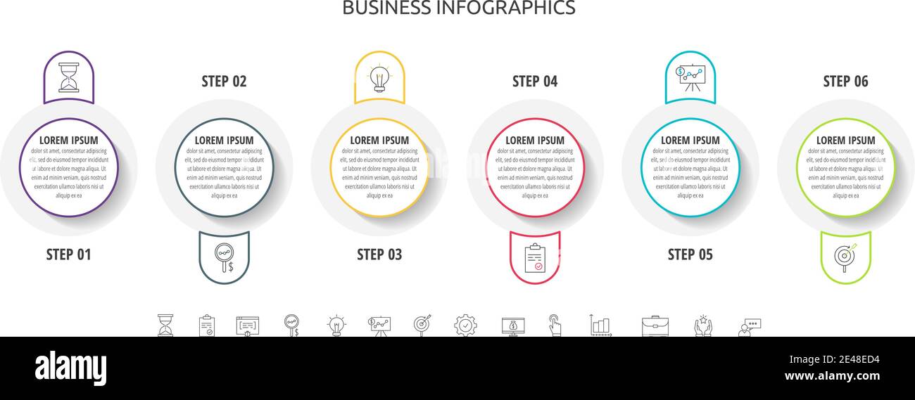 Vector infographics circles with 6 steps, labels. Line chart. Timeline used for diagram ...