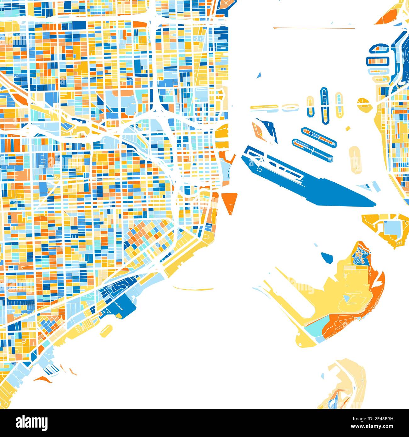 Color art map of Miami, Florida, UnitedStates in blues and oranges. The ...