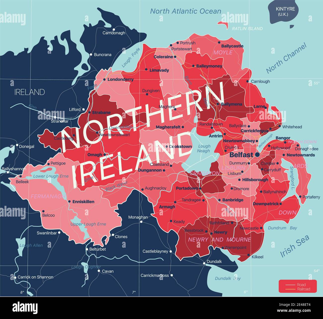 Nothern Ireland country detailed editable map with regions cities and ...