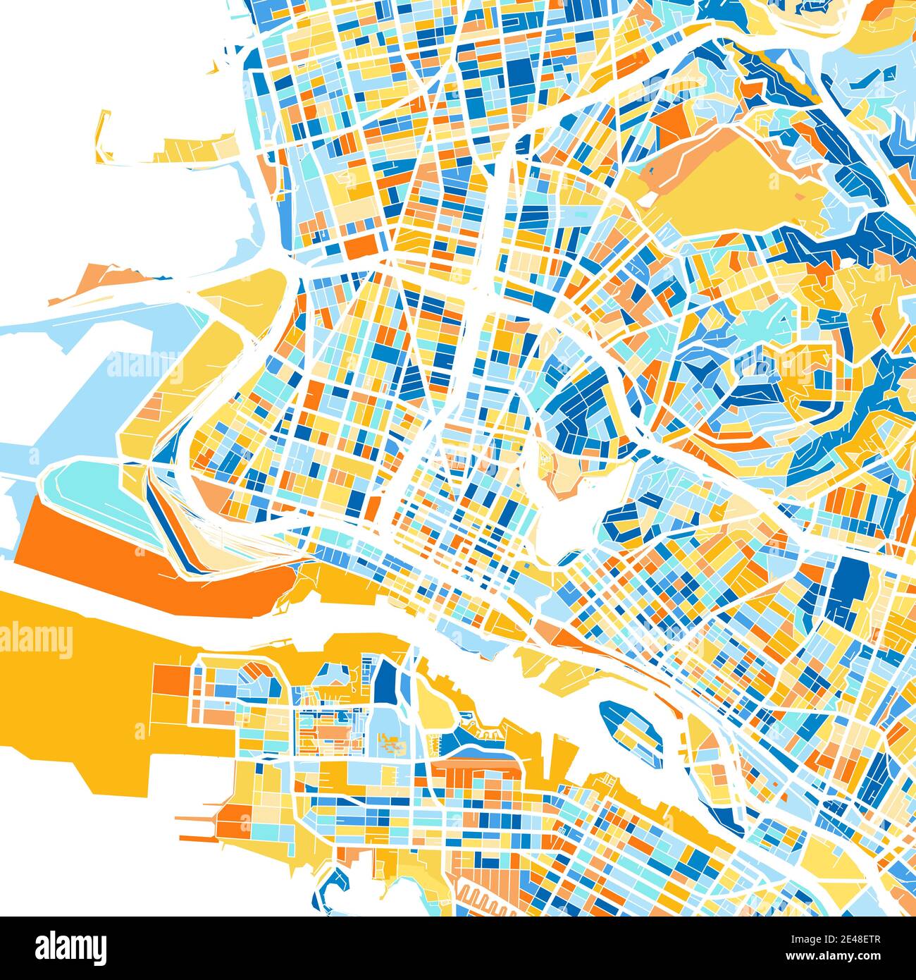 Color art map of Oakland, California, UnitedStates in blues and oranges ...