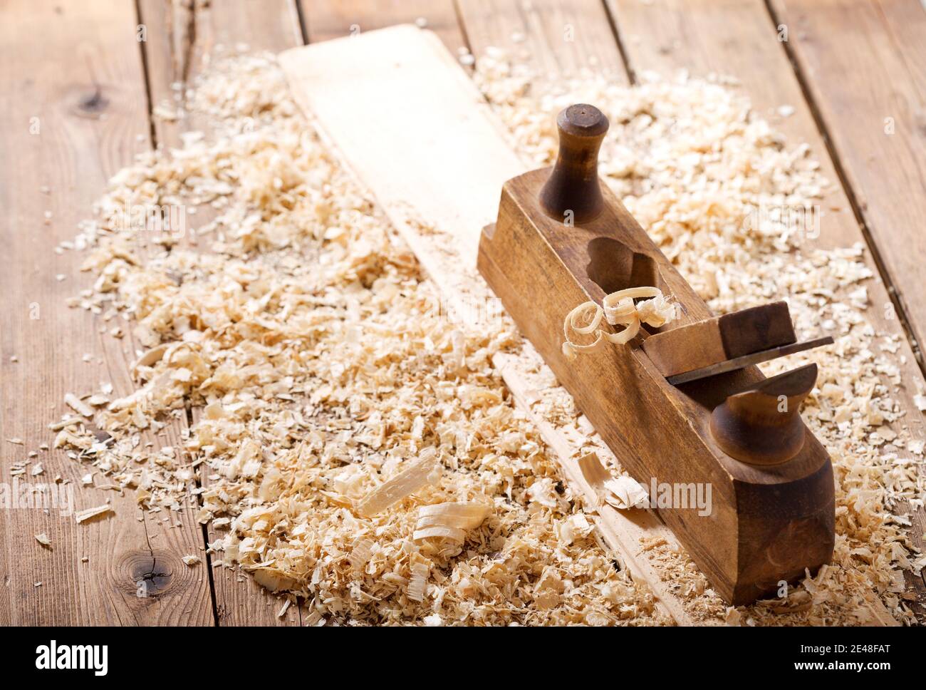 old retro wooden planer in a workshop, top view Stock Photo - Alamy