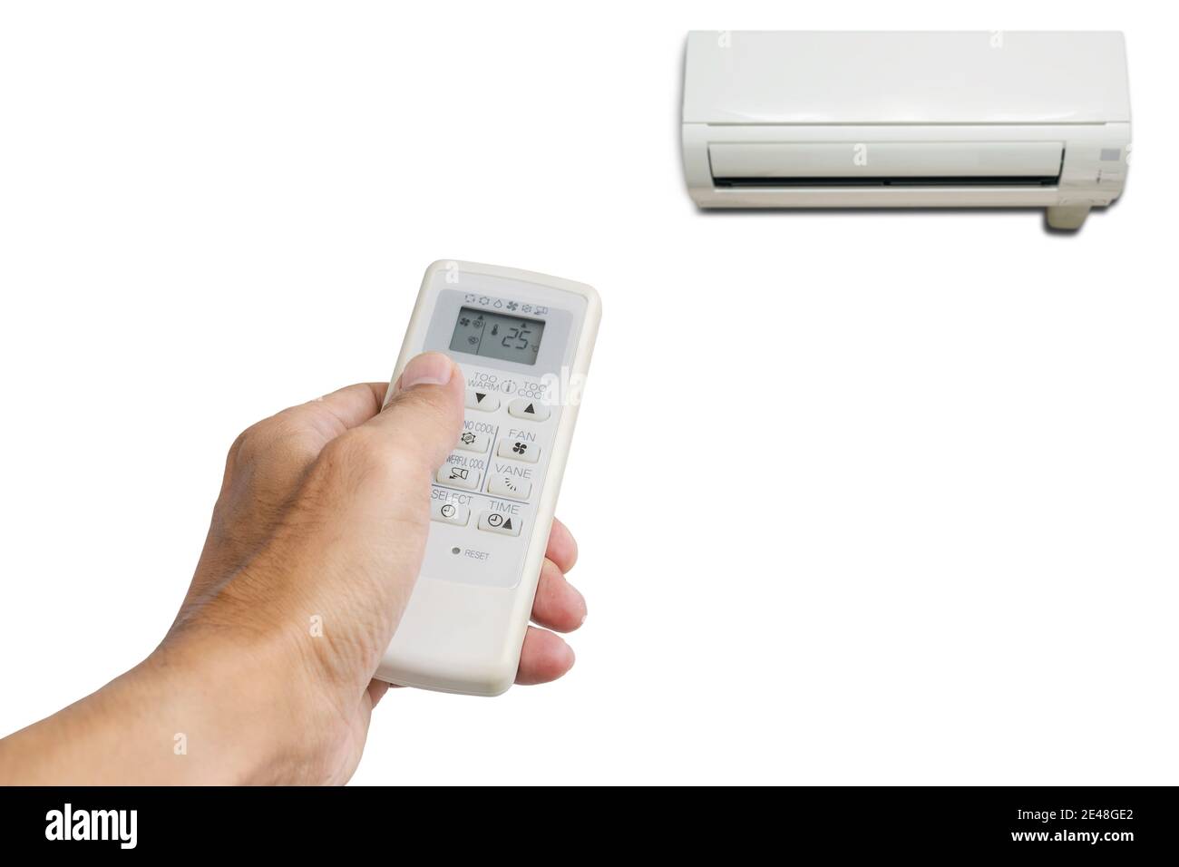 Hand holding the remote control to control the air conditioning ...