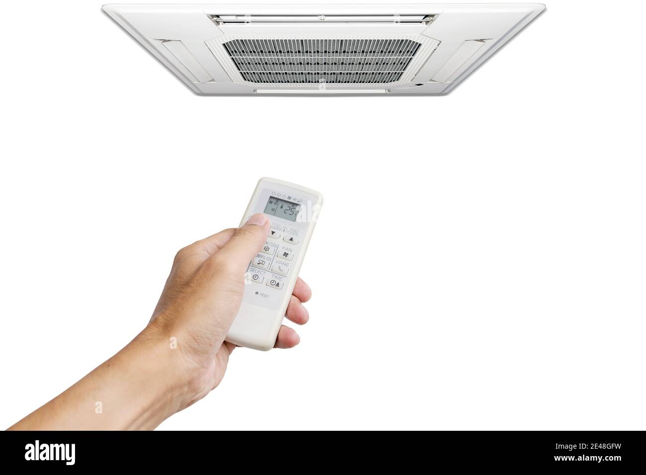 Hand holding the remote control to control the air conditioning ...