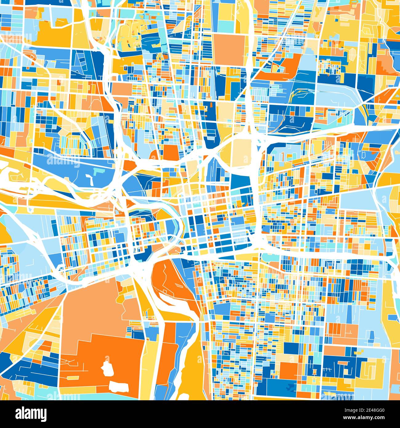 Color art map of Columbus, Ohio, UnitedStates in blues and oranges. The ...