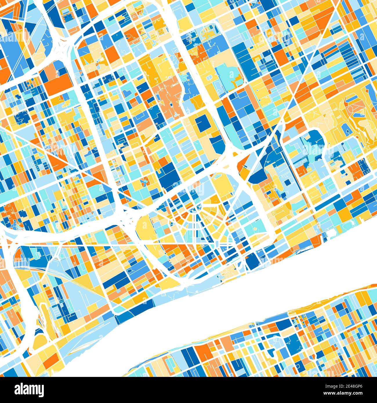 Color art map of Detroit, Michigan, UnitedStates in blues and oranges ...