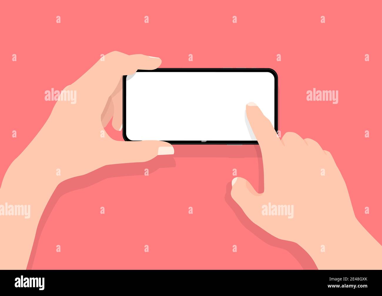 Man two hands holding mobile smart phone in horizontal position with ...