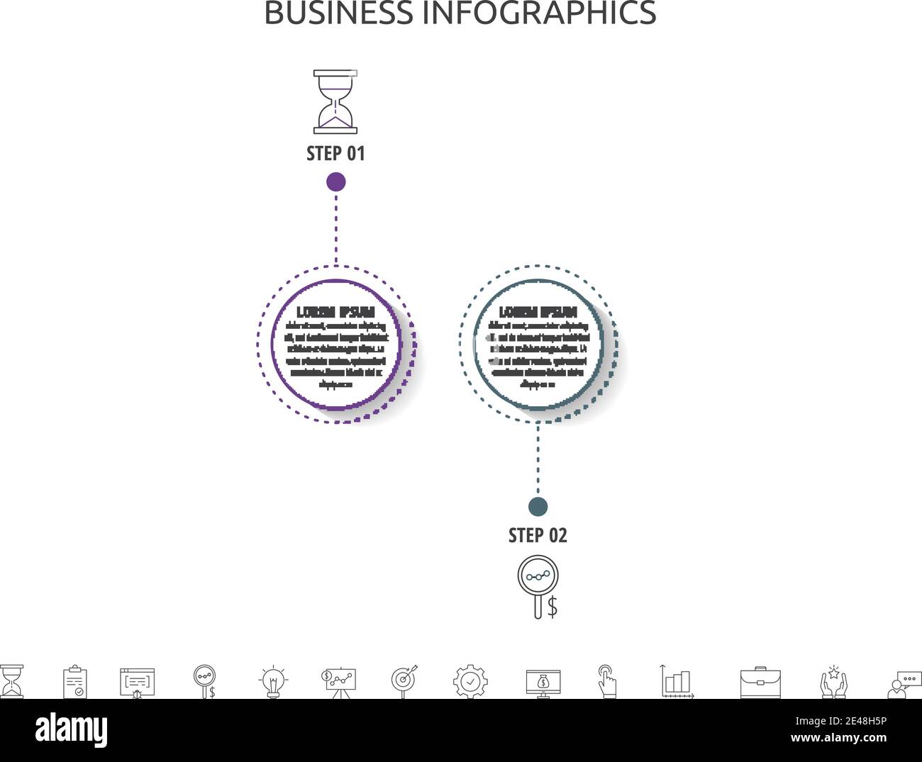 Circles vector line infographic with 2 step, icons. Timeline used for ...