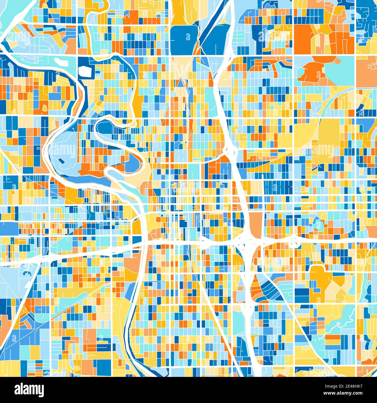 Color art map of Wichita, Kansas, UnitedStates in blues and oranges ...