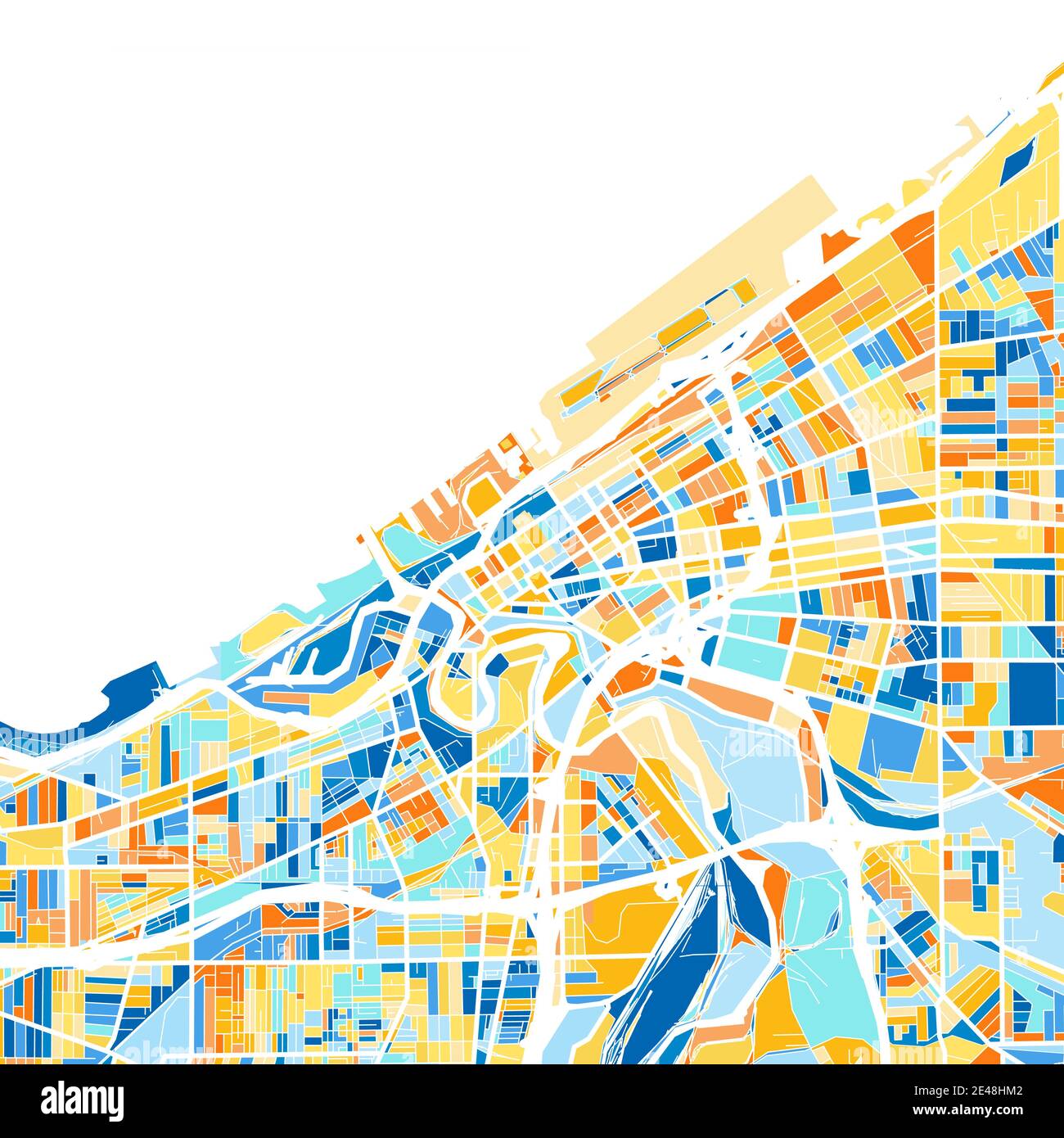 Color art map of Cleveland, Ohio, UnitedStates in blues and oranges ...