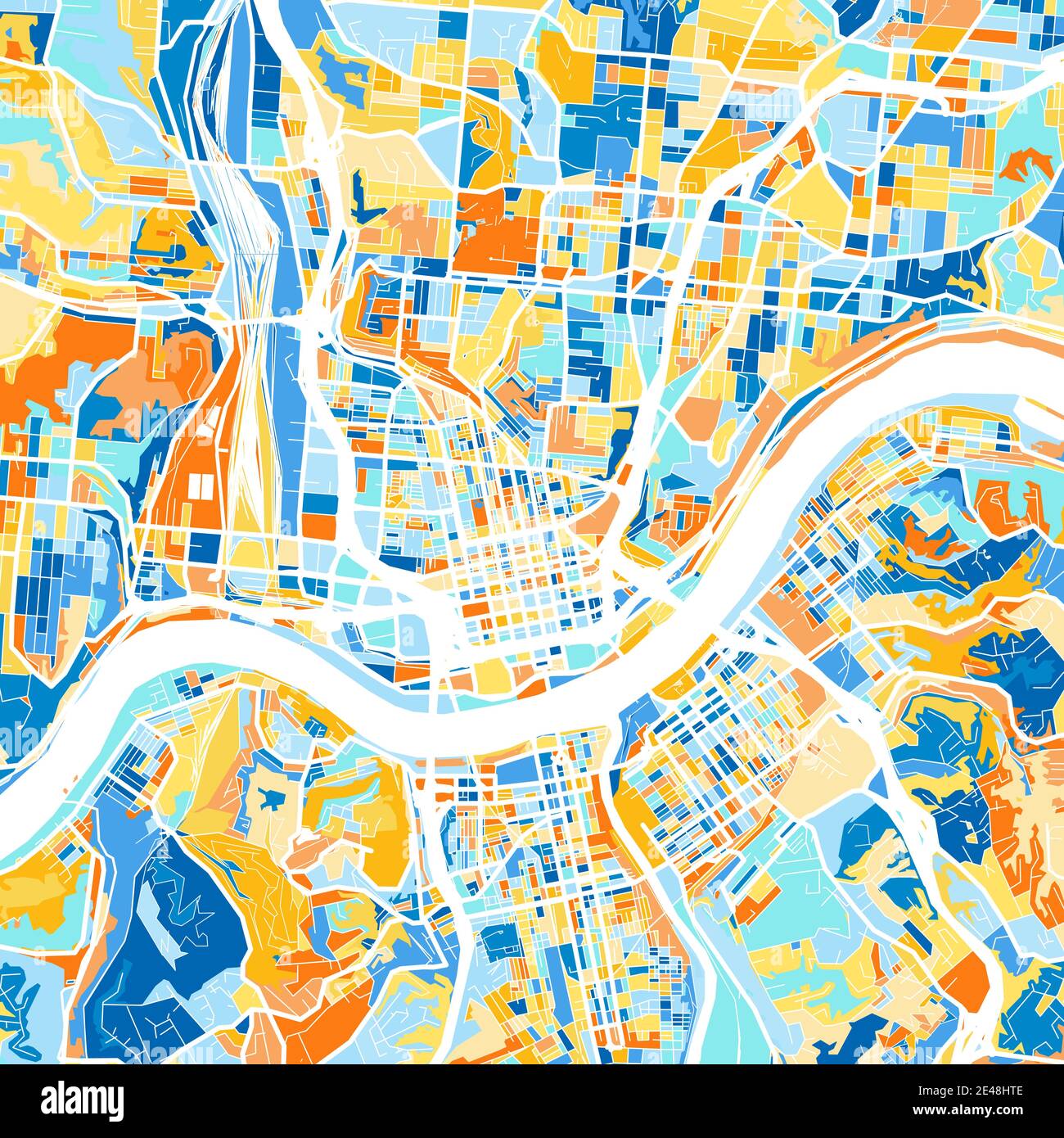Color art map of Cincinnati, Ohio, UnitedStates in blues and oranges ...