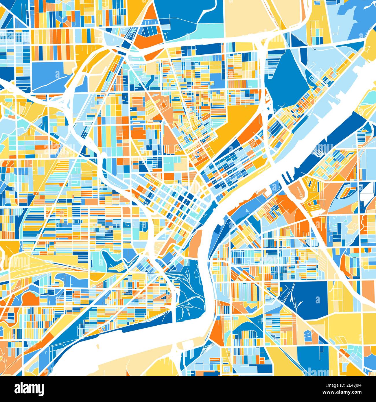 Color art map of Toledo, Ohio, UnitedStates in blues and oranges. The ...