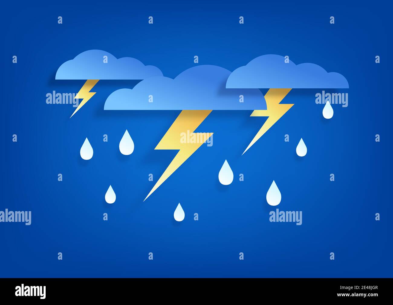 Sky and lightning in the rainy season. Paper art cloud and rain on blue ...