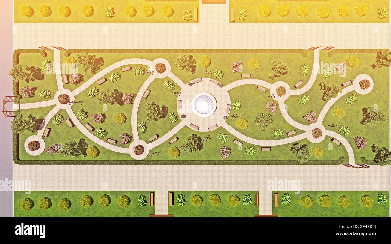 park with fountain and paths top view. 3d rendering Stock Photo - Alamy