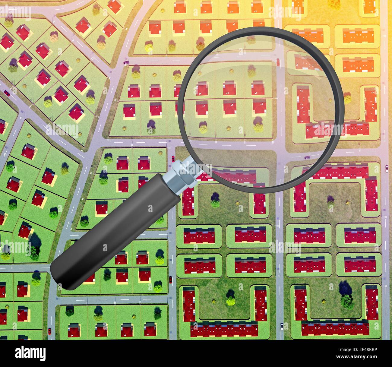 simple village layout top view with magnifier glass. 3d rendering Stock ...
