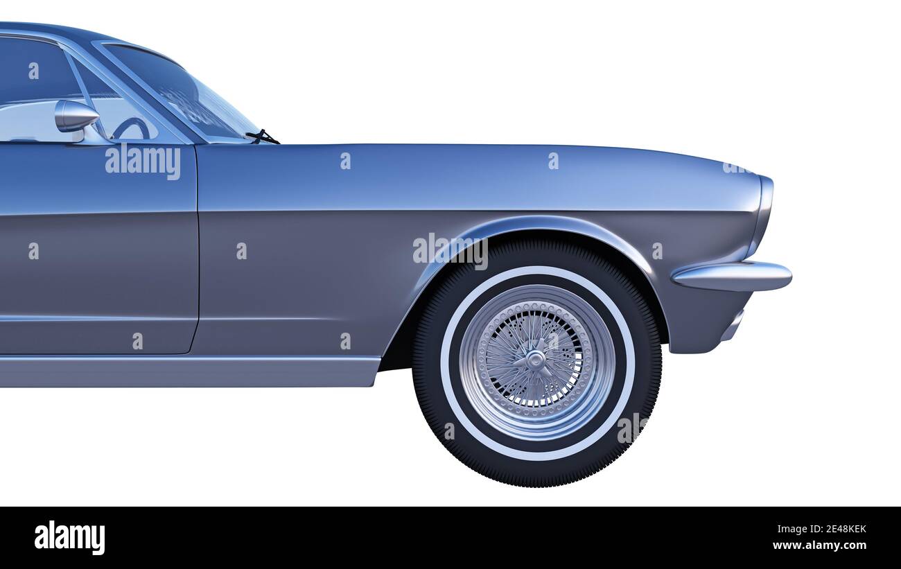 front of silver retro car side view isolated on white. 3d rendering ...
