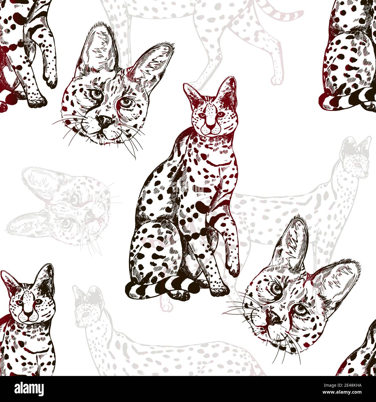 Seamless pattern of hand drawn sketch style isolated servals. Vector ...