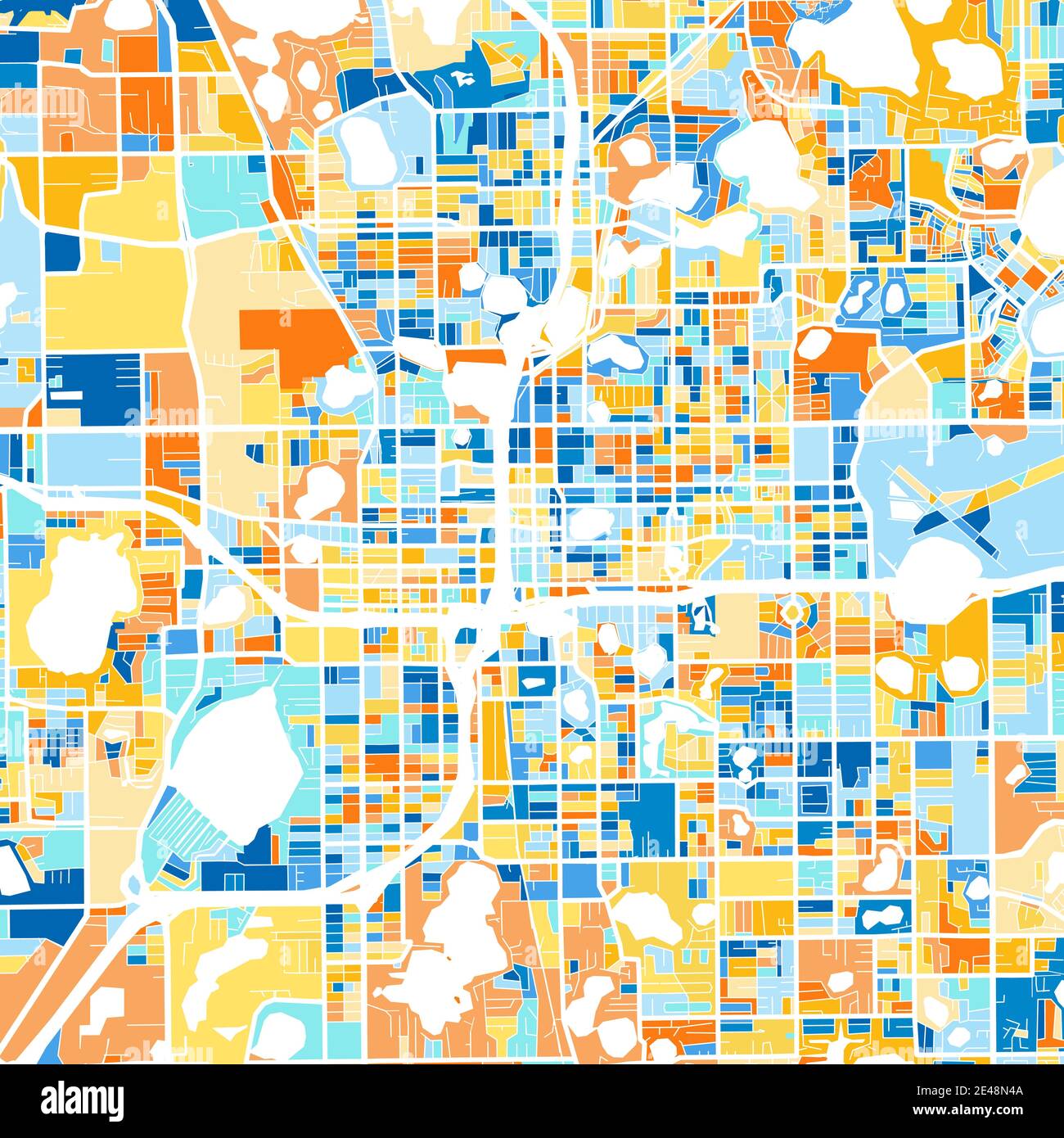 Color art map of Orlando, Florida, UnitedStates in blues and oranges ...