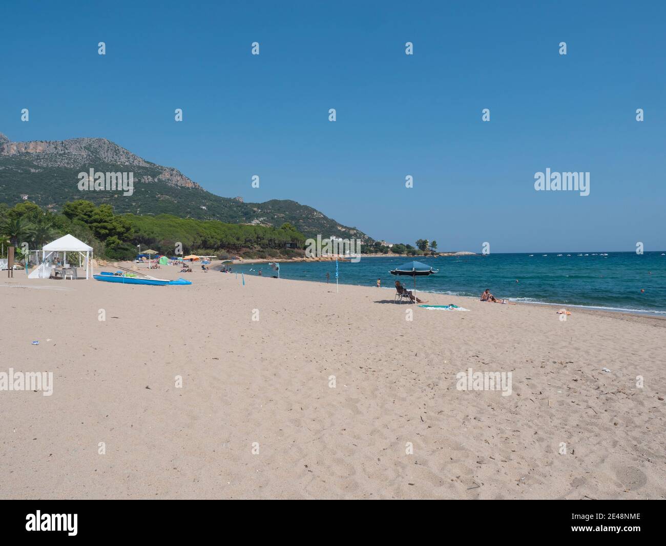 Santa Maria Navarrese, Sardinia, Italy, September 18, 2020: Sand beach ...
