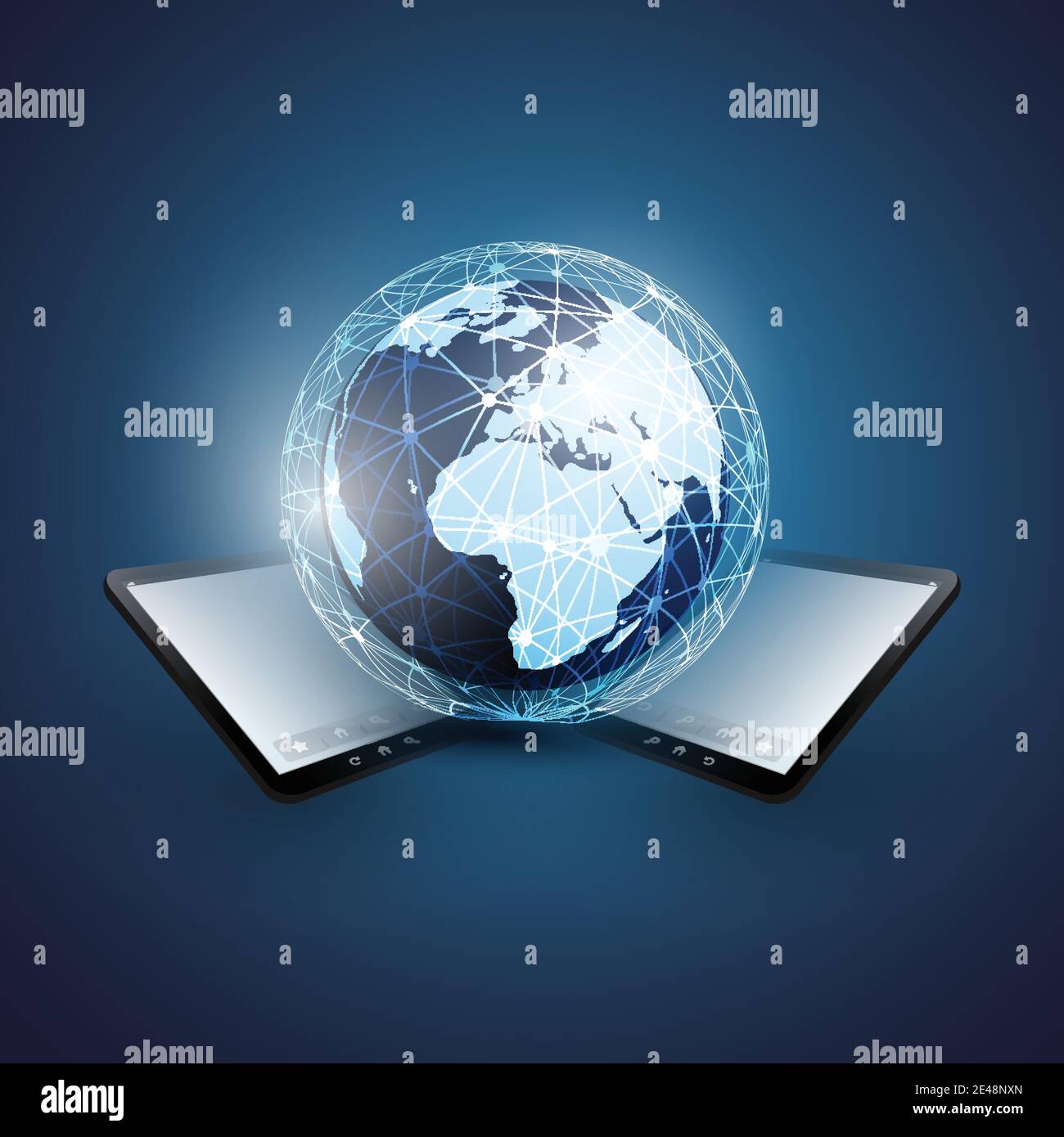 Cloud Computing, Digital Network Connections Design Concept with Earth Globe and Tablet PC ...