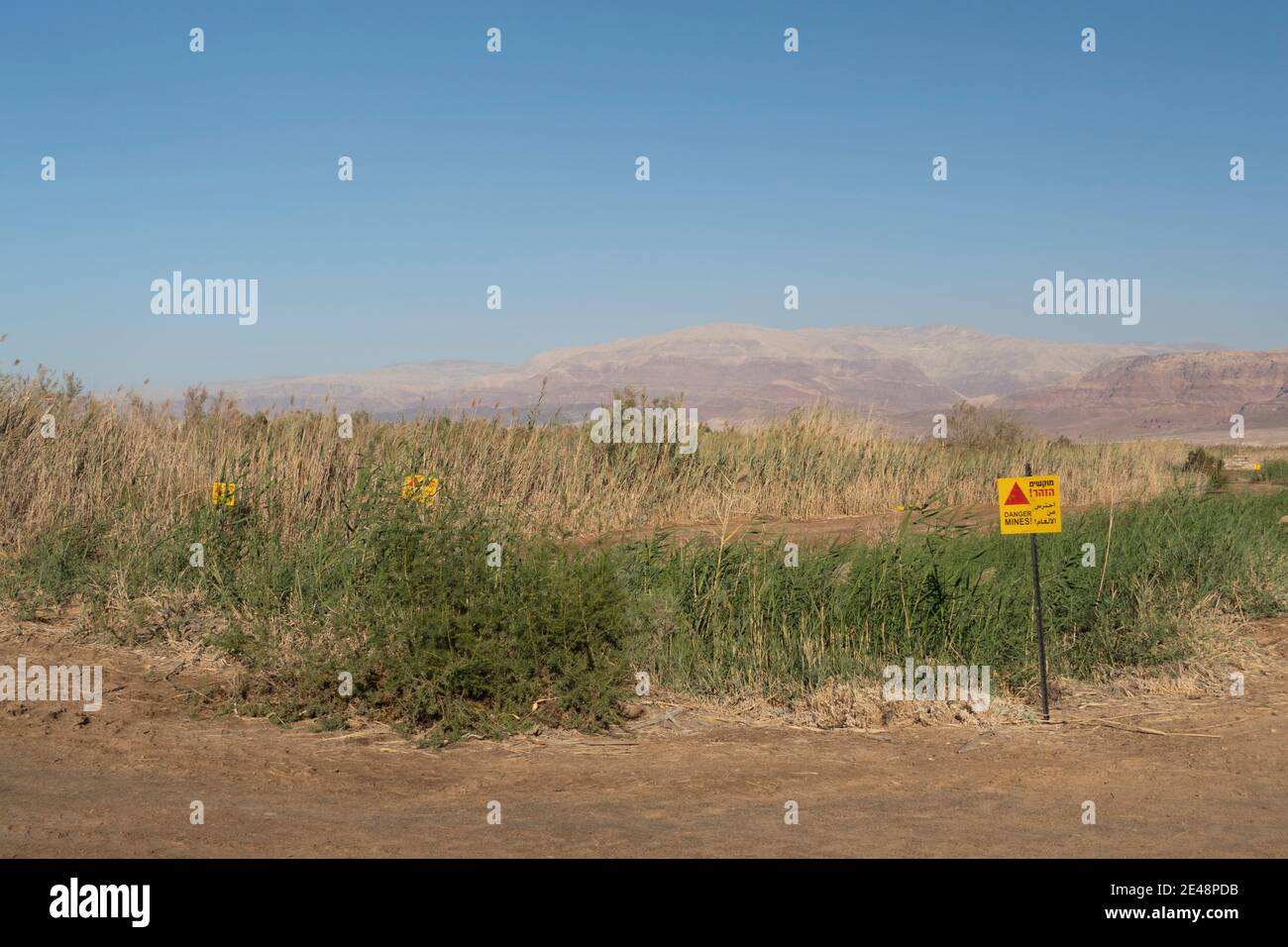 Minefield warning signs at the Israeli border with Jordan in the ...