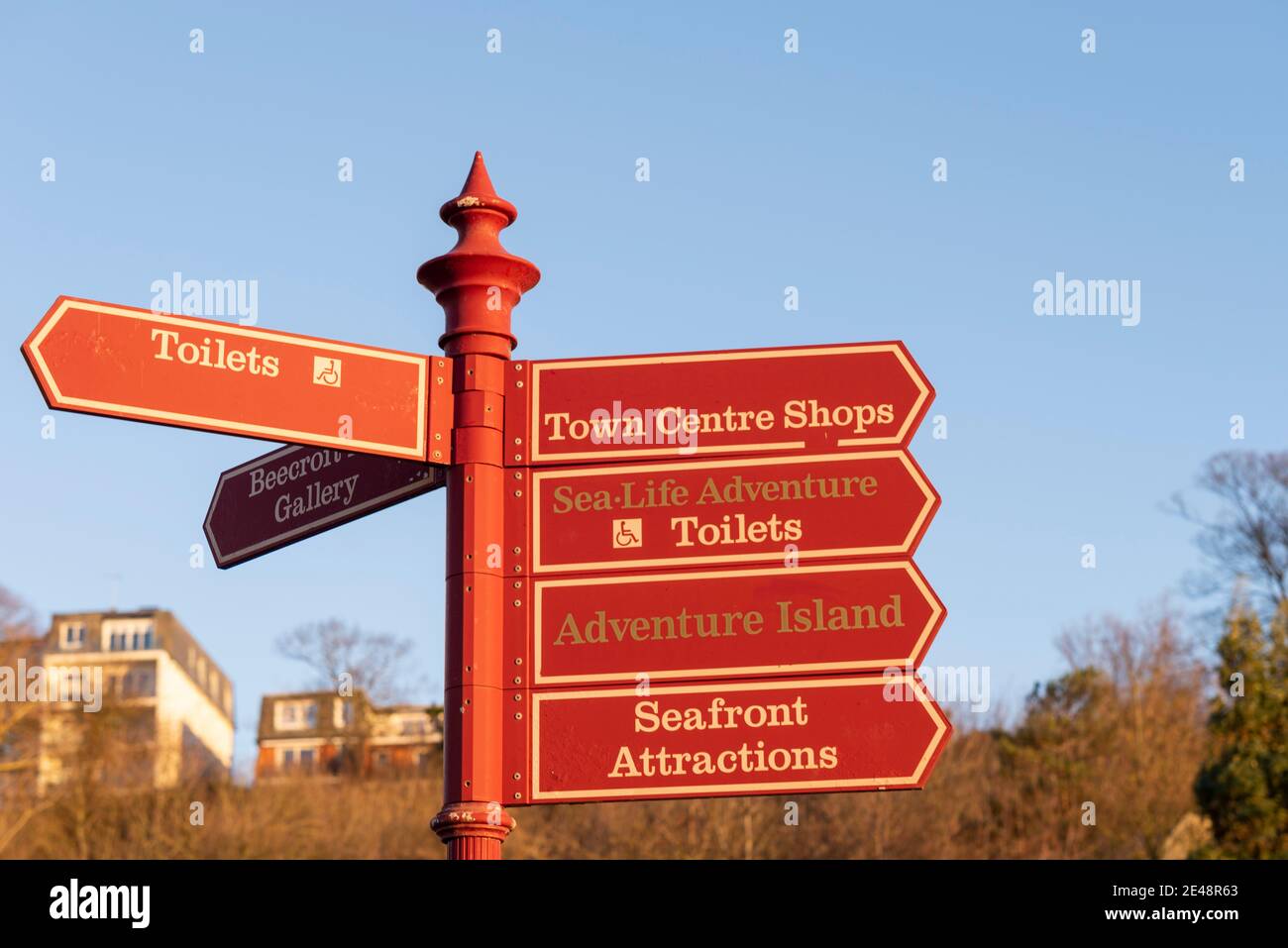 Southend on Sea, Essex, with local attractions sign. Blue sky. Signpost ...