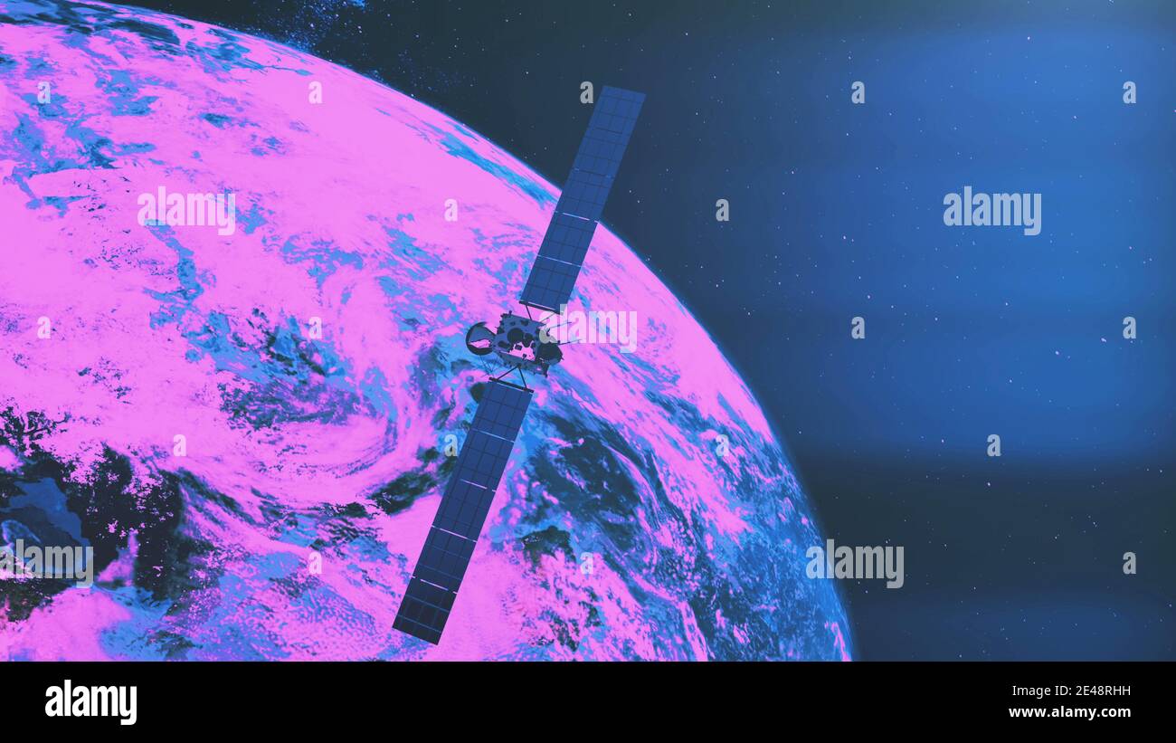 Space satellite Rosetta with solar panels over purple and pink coloured ...