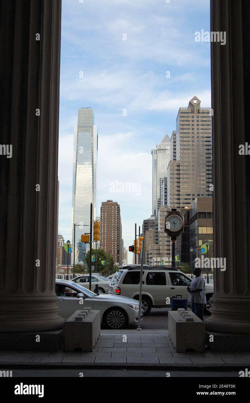 Philadelphia USA tower clock block blocks window windows car cars ...