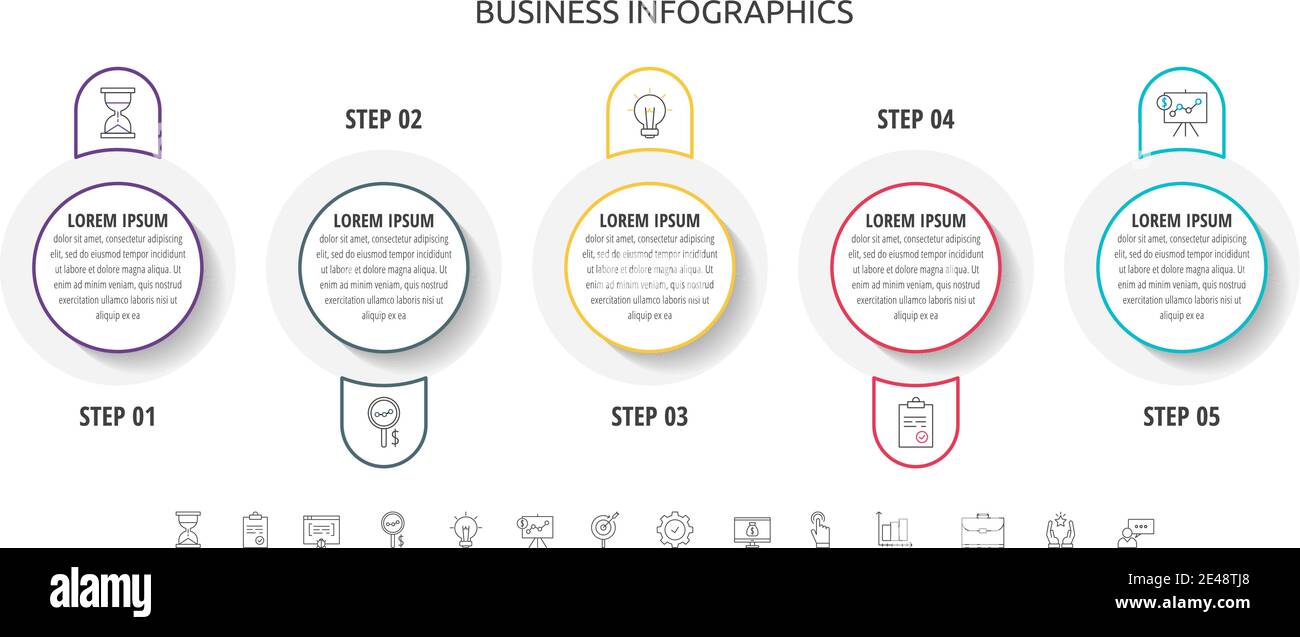 Vector infographics circles with five steps, labels. Line chart. Timeline used for diagram ...
