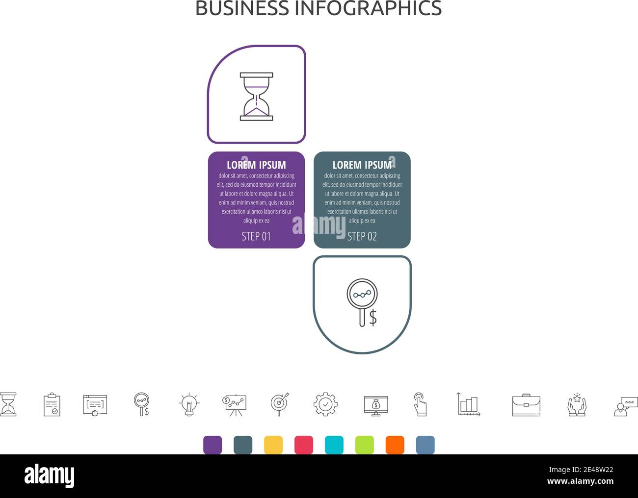 Vector infographics label with 2 steps, icons. Line chart. Timeline ...