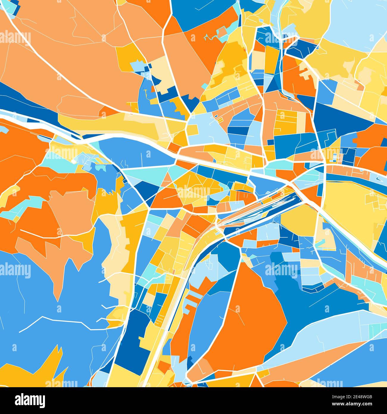 Color art map of Lienz, Tyrol, Austria iin blues and oranges. The color ...