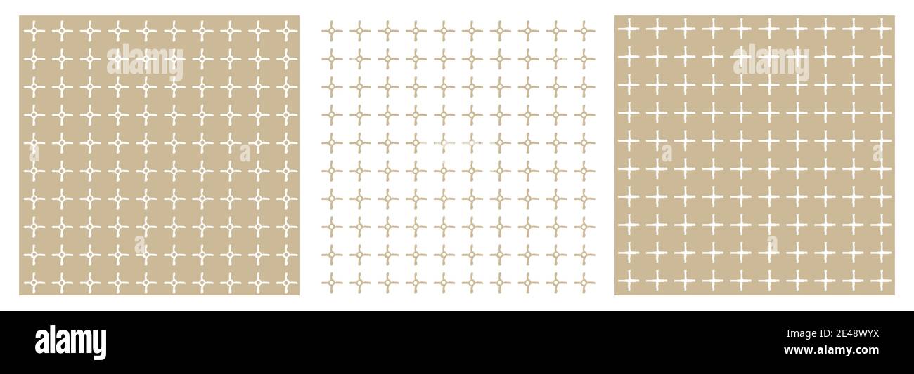Set of three beige and white geometric patterns. Abstract squares and empty dots, intersection ...