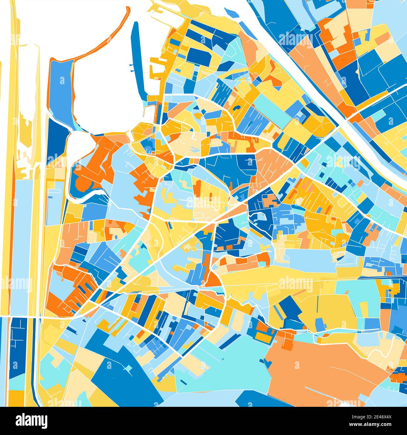 Color art map of Hard, Vorarlberg, Austria iin blues and oranges. The ...