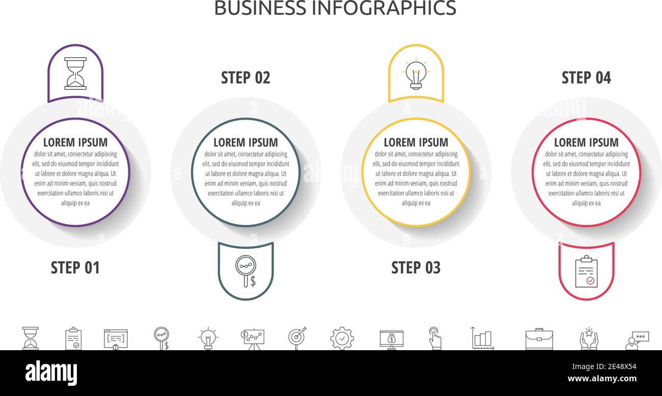 Vector infographics circles with 4 steps, labels. Line chart. Timeline used for diagram, web ...
