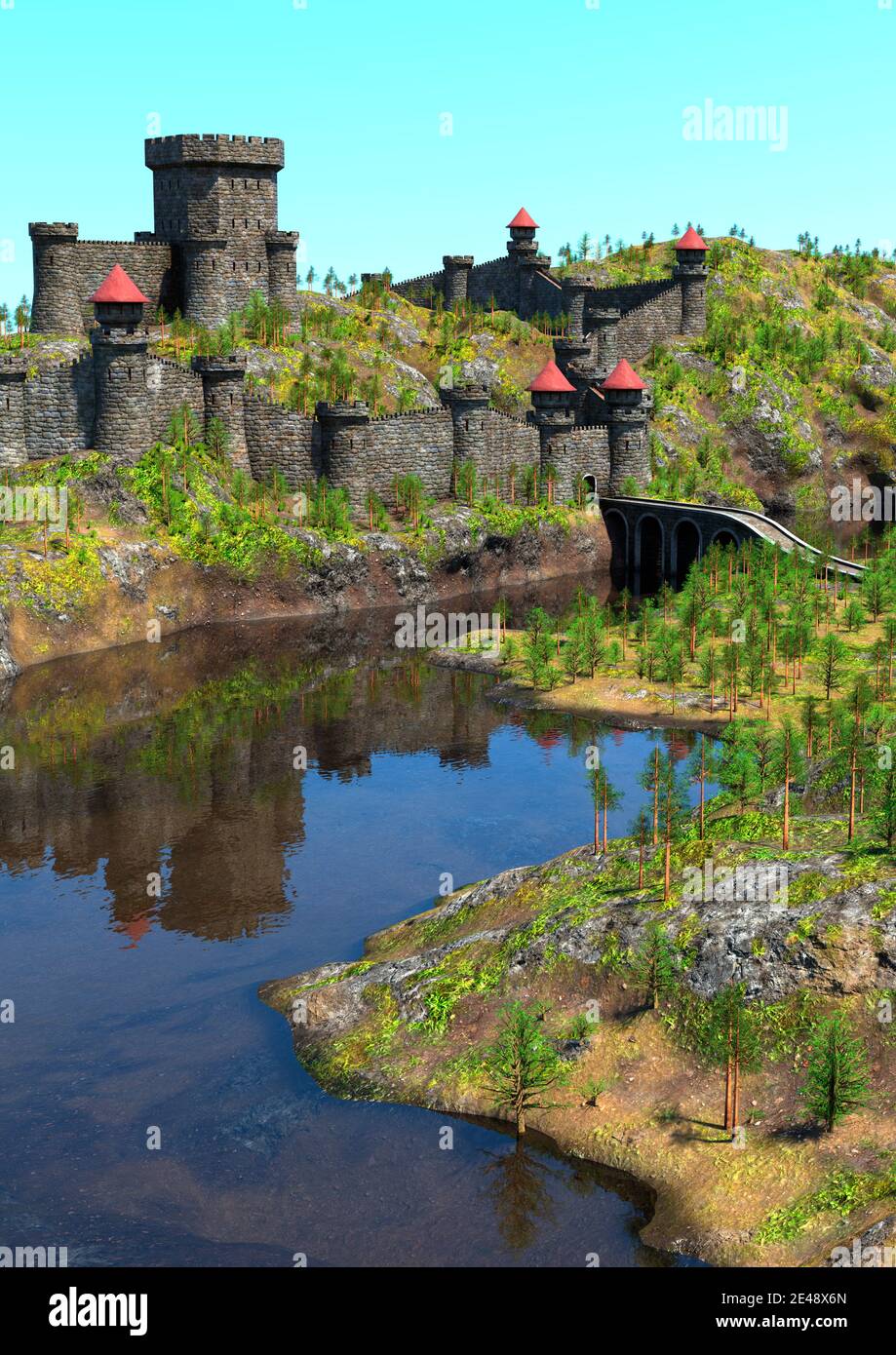 3D rendering of a medieval landscape with an old castle Stock Photo - Alamy