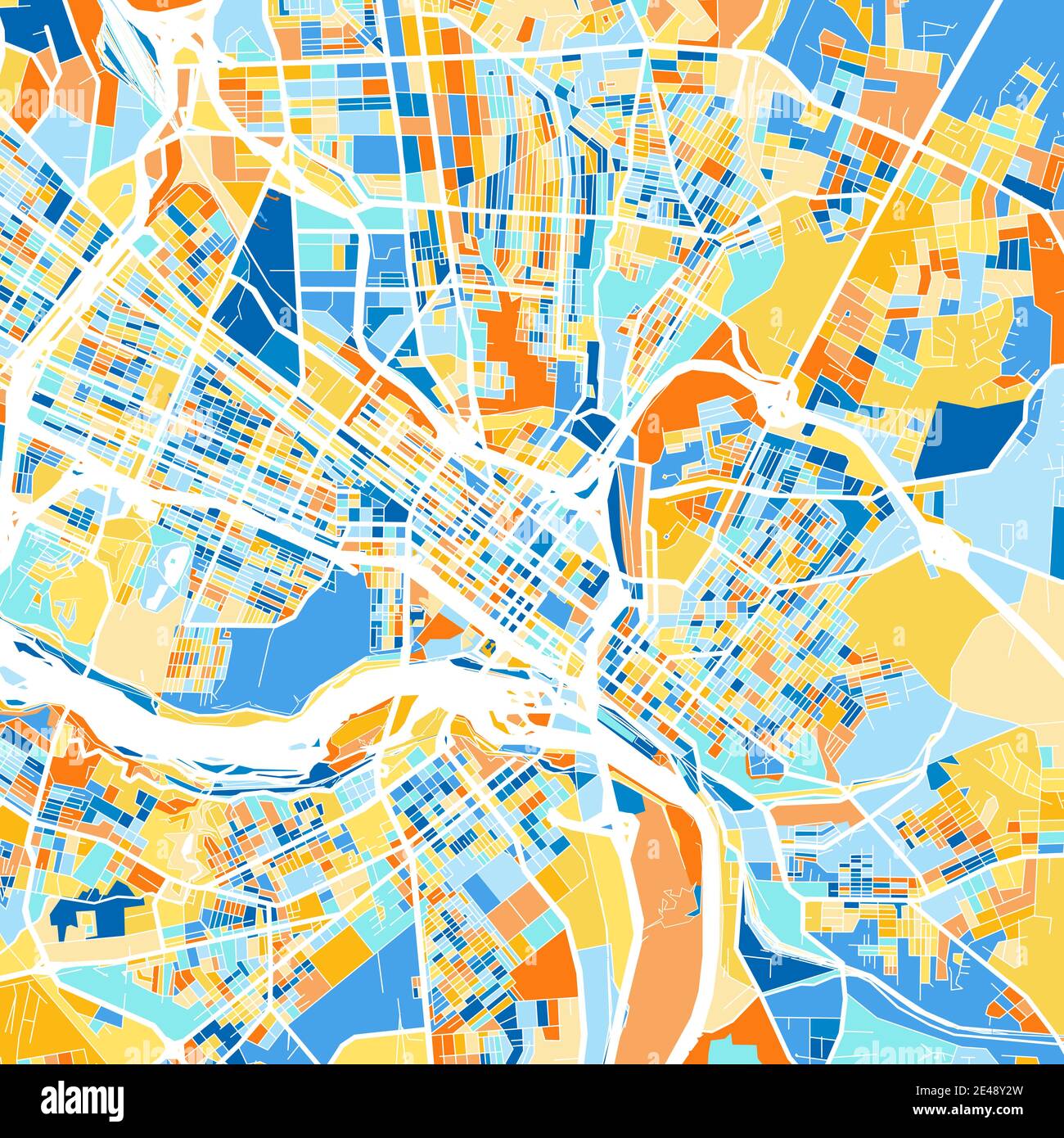 Color art map of Richmond, Virginia, UnitedStates in blues and oranges ...