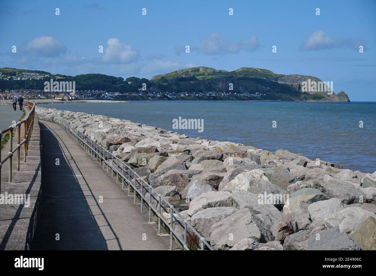 View across Penrhyn Bay sea wall towards the Little Orme, North Wales ...