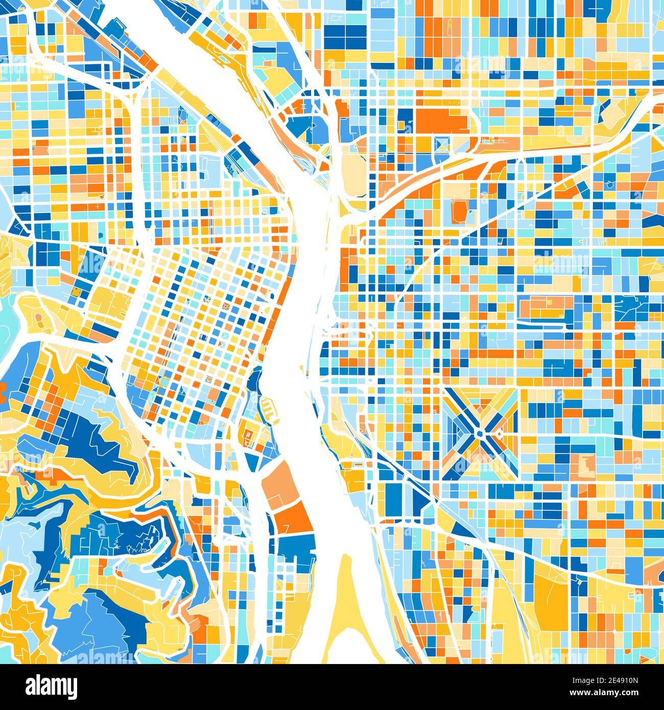 Color art map of Portland, Oregon, UnitedStates in blues and oranges ...